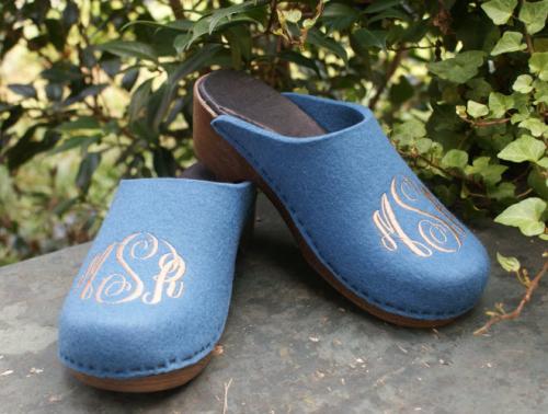 Monogrammed Denim Blue Wool Clogs