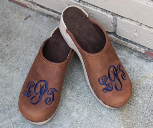 Brown Nubuck Clogs With A Navy Monogram In Sydney Font
